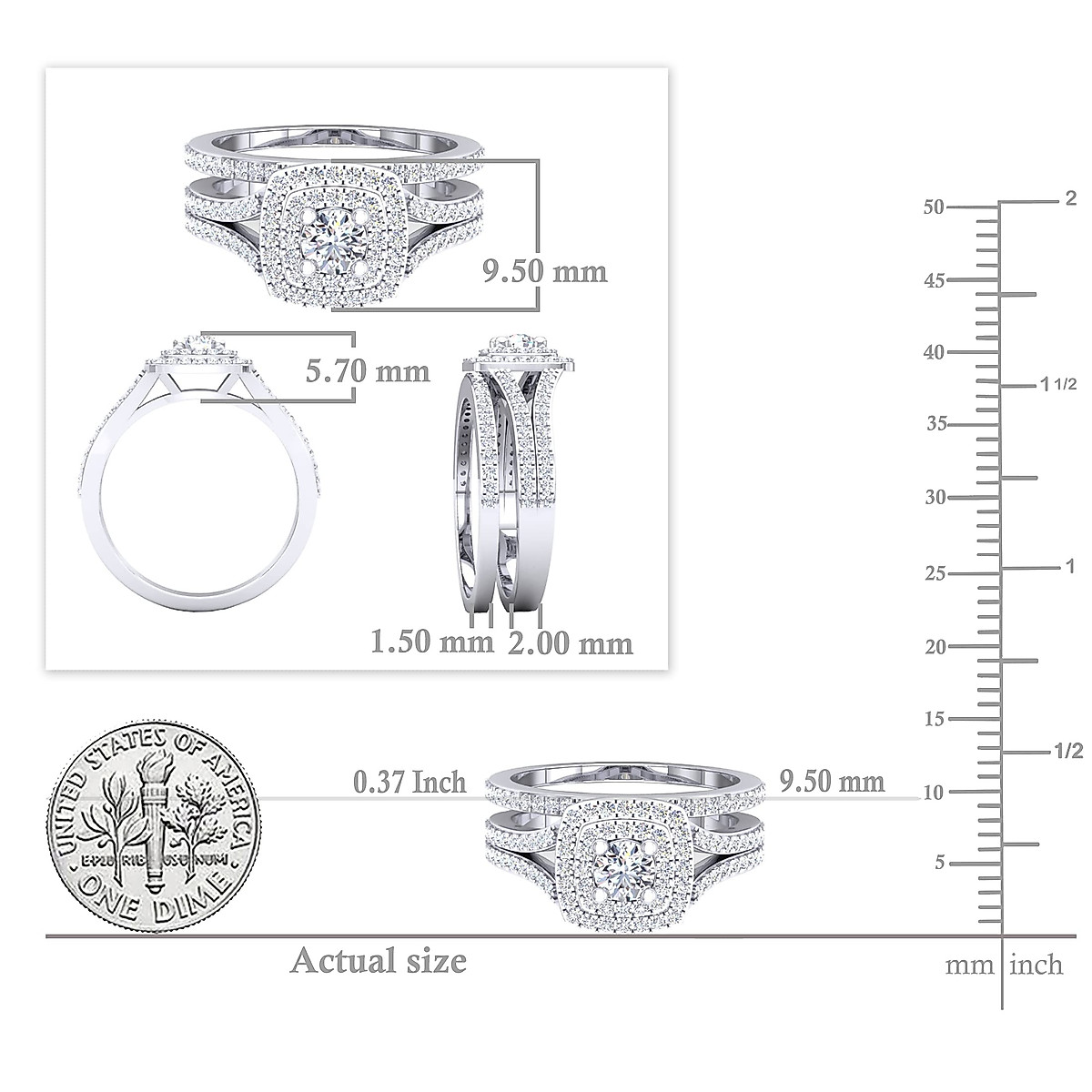 Dazzlingrock Collection 1.50 Carat (ctw) Round White Cubic Zirconia Halo Split Shank Engagement Ring Set for Her in 10K White Gold Size 10