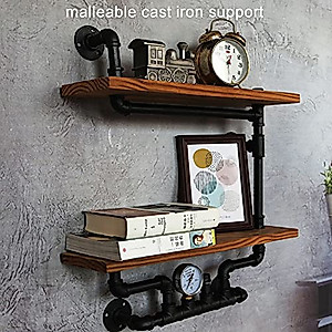 Jeanoko Retro Wall Mounted Floating Shelf, Industrial Pipe Shelves Malleable Cast Iron Solid Wood 2 Tiers Piple Shape Wall Mounted Shelf with Towel Bar for Home