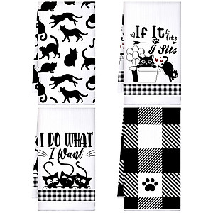 Kajaia 4 Pcs Funny Cat Kitchen Towels Cat Lover Gifts Home Tea Towels Decorative Cute Dish Towels Housewarming Gifts Hand Towels Absorbent Plaid Towels for Home Bathroom Housewarming Presents