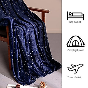 Stellhome Navy Blue Throw Blanket, Ultra Soft Thick Flannel Star Foil Print Fleece Bed Blanket for Sofa Couch, Twin Size 80"x65"
