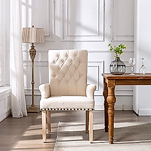 FUNESI Linen Wingback Dining Chair,Thick Tufted Upholstered Design with Armrests and Light Color Solid Wood Legs for Kitchen (Beige)
