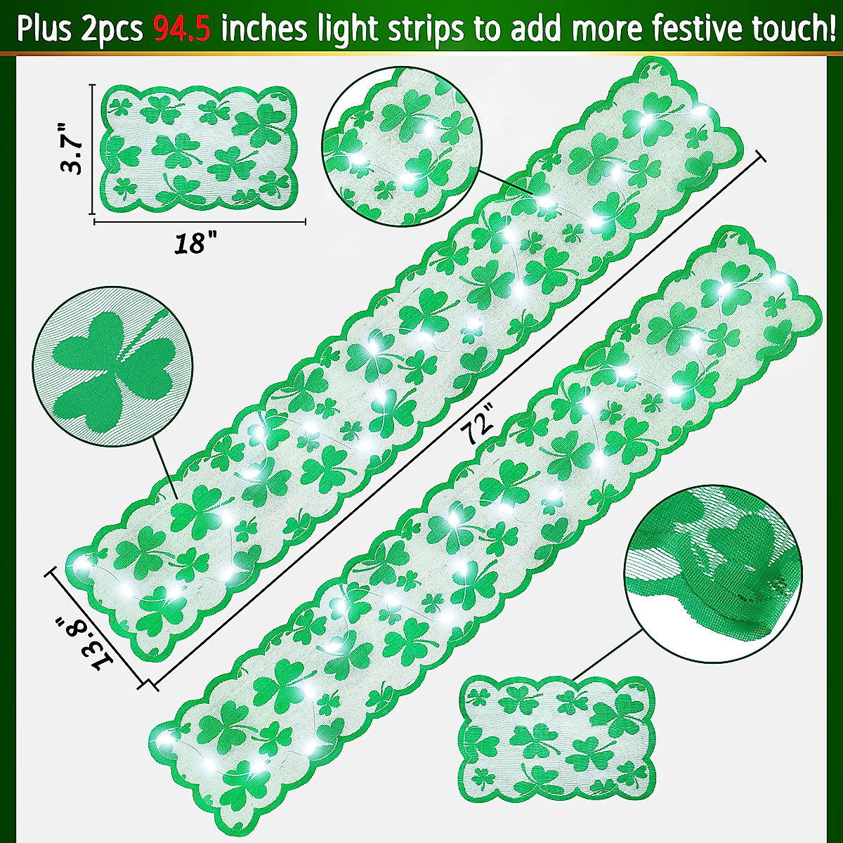 6PCS St Patricks Day Decorations Table Runners Placemats Saint Shamrock Green Lace Embroidered Irish Clover Party Decor Supplies,with 2 Light Strips