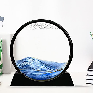 Feilicraft Moving Sand Art Picture Round Glass Frame Sandscapes 3D Deep Sea Display in Motion Dynamic Flowing Grit Photo Hourglass Desktop Art Home Office Decoration Party Gift (12‘’, Blue)