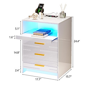 HNEBC RGB LED Nightstand with Wireless Charging Station, Smart Night Stand with 3 Drawers and Sliding Tray, Modern Bedside Table for Bedroom Furniture, High Gloss End Sofa Tables (White)