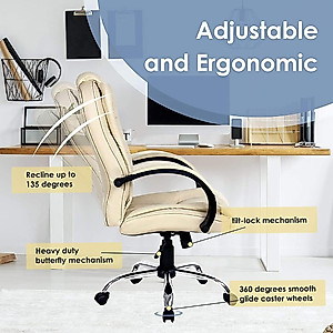 Halter Large Computer Desk Chair with Lumbar Support and Padded Arm Rests, Ergonomic Swivel Chairs, Comfortable Study Gaming Chair, Adjustable Home Office Chair, Rolling Executive Leather Chair, Beige