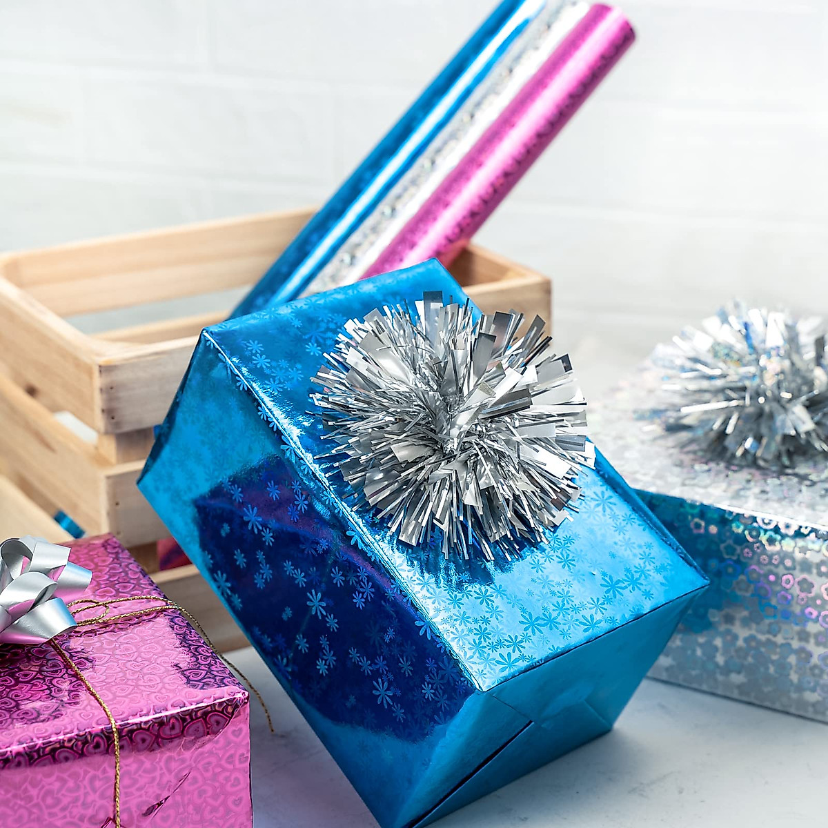 LeZakaa Holographic Foil Wrapping Paper - Mini Roll - Pink Heart/Blue and Silver Flower Design for Birthday, Wedding, Bridal Shower - 17 x 120 inches - 3 Rolls (42.5 sq.ft.ttl.)