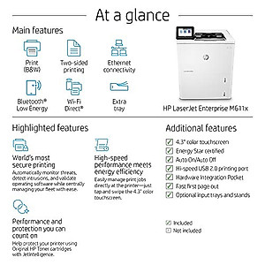 HP LaserJet Enterprise M611x Monochrome Printer with built-in Ethernet, 2-sided printing & extra paper tray (7PS85A) White