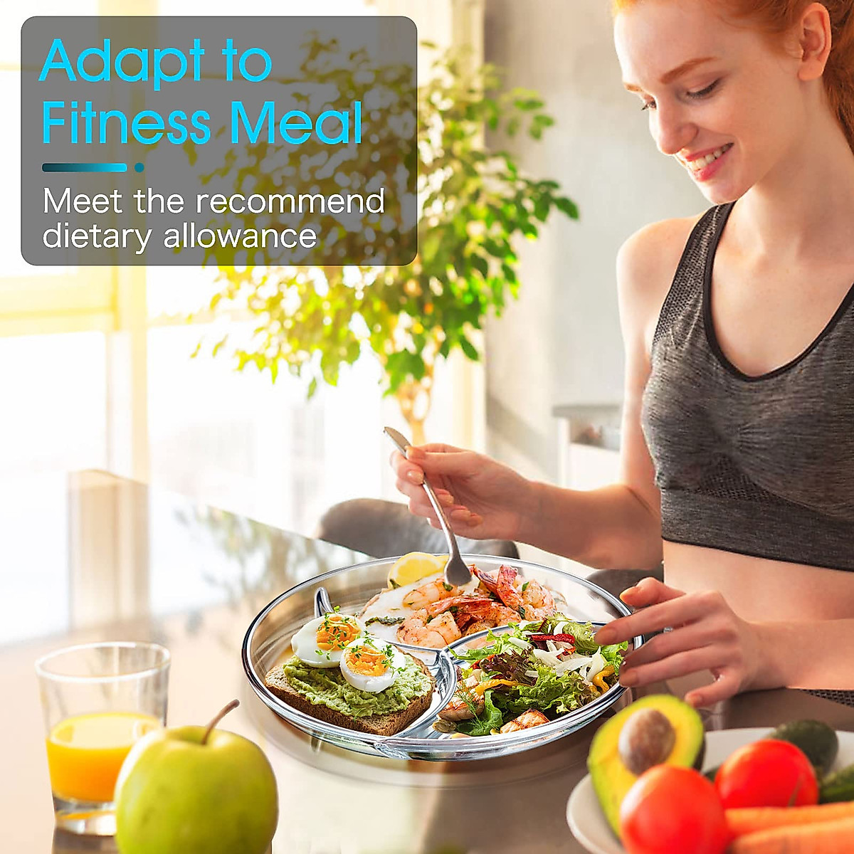 NUTRIUPS Portion Control Plate Glass Divided Plate Weight Loss Plate 3 Compartment Plate Bariatric Plate Portion Master Plate Glass Divided Dishes for Breakfast 10 Inch Round, 1 Piece