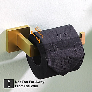 LANC 4 Piece Gold Bathroom Hardware Set, Square Brushed Gold 2 Pack Toilet Paper Holder and 2 Robe Towel Hooks, Stainless Steel Wall Mounted 2 Tissue Roll Holder and Coat Hooks Hanger, A8857BG