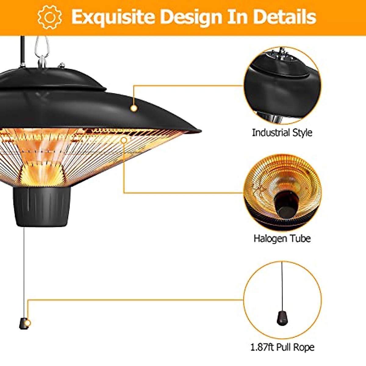 Ceiling Patio Heater, 1500W Outdoor and Indoor Hanging Patio heaters, Waterproof Courtyard Electric Heater, Hanging Mounted Heater 3S Fast Heating, IP24 Rated 2 Power Levels for Large Room, Garage