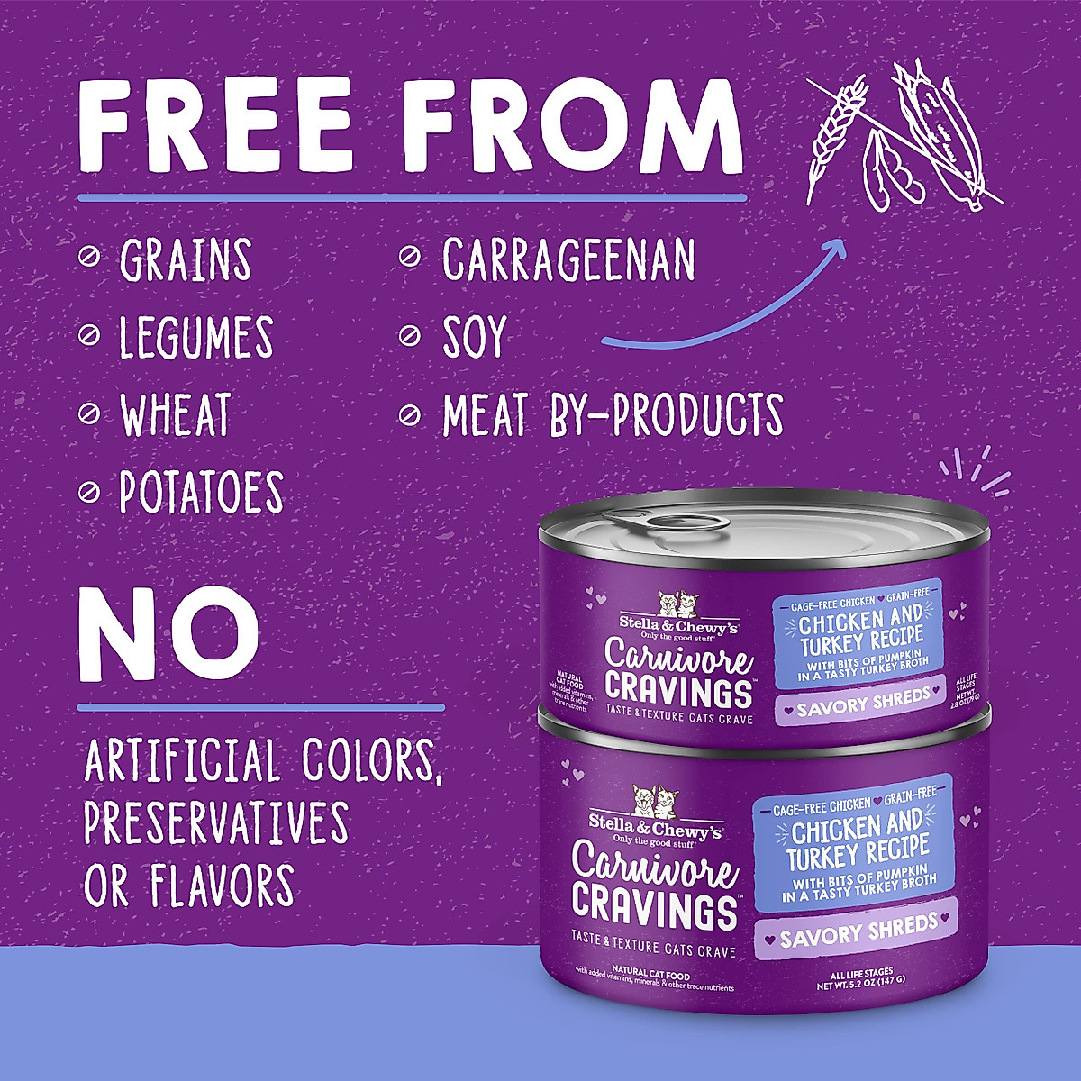 Stella & Chewy’s Carnivore Cravings Savory Shreds Cans – Grain Free, Protein Rich Wet Cat Food – Cage-Free Chicken & Turkey Recipe – (2.8 Ounce Cans, Case of 12)