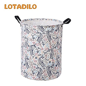 LOTADILO Laundry Basket Storage Baskets with Handle Nursery Hamper Collapsible Large Sized Round Bin for Bedroom, Kids Boys and Girls, Office, Clothes,Toys （Unicorn）