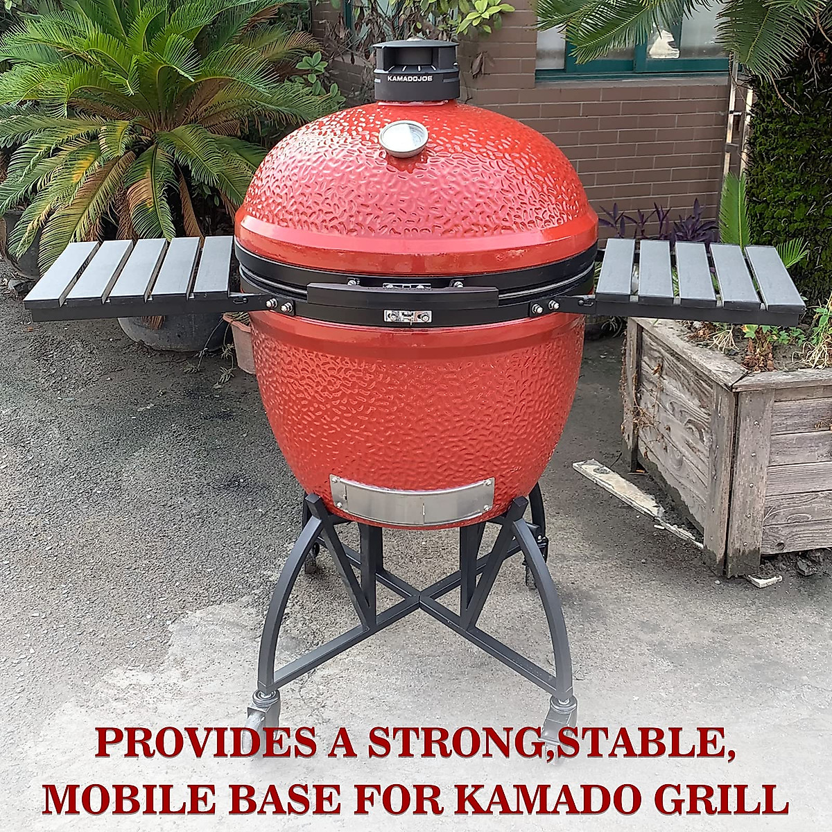 Rolling Cart with Handle+Foot Putter for Kamado Je Big Joe Accessories,Rolling Cart with Heavy Duty Locking Caster Wheels Powder Coated Steel Rolling Outdoor Cart for Kamado Big Joe Grill Stand