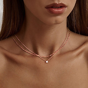 Tewiky Rose Gold Necklace, 14k Rose Gold Plated Layered Diamond Necklaces, Chain Choker Necklaces for Women CZ Solitaire Simple Rose Gold Jewelry for Womens