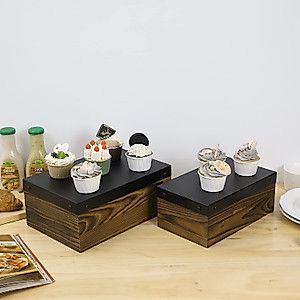 MyGift Solid Burnt Wood Cupcake Holder Cake Stand with Black Metal Top, Decorative Buffet Desserts and Appetizer Server Display Riser, Set of 2