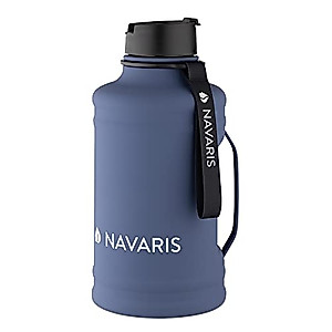 Navaris Half Gallon Water Bottle with Handle - Single-Walled 74 oz (2.2L) Stainless Steel Water Jug - Large Reusable Metal Drinking Bottle for Sports