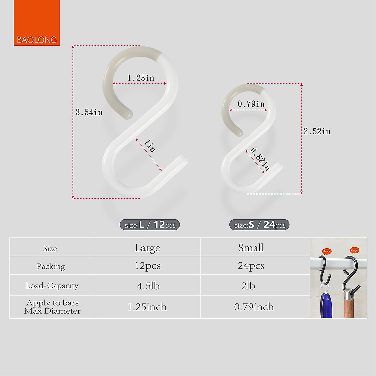 BAOLONG S Hooks for Hanging with Safety Buckle Anti-Drop S Hook 24 Pack 2.52inch White Windproof Hanger for Clothes, Bathroom and Kitchen Utensil Anti-Rust Plastic Ornaments Hooks
