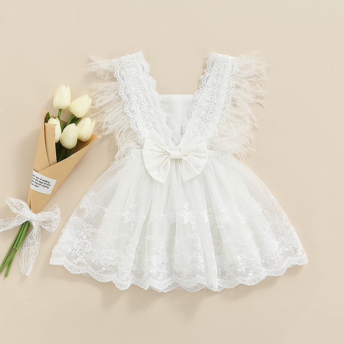 Newborn Baby Girl Lace Tassel Dress Ruffles Sleeve Backless Princess Tutu Dresses Sundress with Bowknot