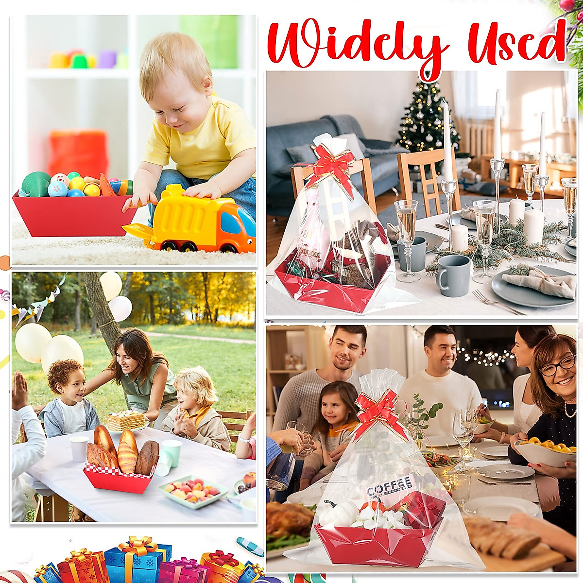 12 Pcs Small Basket for Gifts 9.8 x 6.5 Inch Empty Sturdy Cardboard Trays with Handles Bulk Gift Basket Market Tray Favor for Valentines Mother's Day Birthday Wedding (Red, Simple)