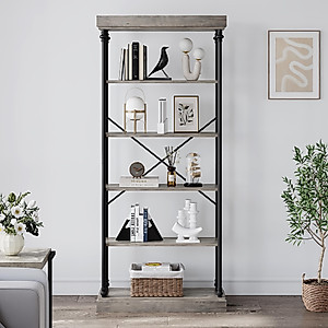 IDEALHOUSE Industrial Bookshelf Wood Bookcase 6 Tier Storage Open Rack Shelf with Metal Frame Rustic Tall Standing Bookshelves Large Grey Display Rack for Bedroom,Living Room and Home Office