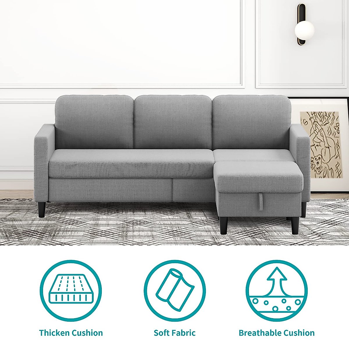 BALUS Convertible Sectional Sofa Couch, 3-Seat L-Shaped, Free-Form with Movable Storage Ottoman, Modern Design for Living Room and Office Spaces, Comfortable and Versatile（Light Gray）