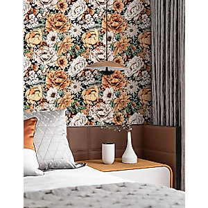 HAOKHOME 93191 Vintage Peel and Stick Floral Wallpaper Removable Large Peony Black/Orange/Pink Vinyl Self Adhesive Mural 17.7in x 9.8ft
