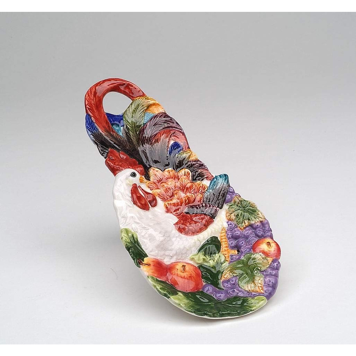 Fine Ceramic Colorful Farmhouse Country Rooster with Fruits Design Spoon Rest, 7 1/2" L
