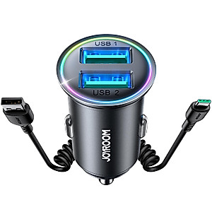 Car Charger，JOYROOM 4.8A Car Phone Charger All Metal, Mini Cigarette Lighter USB Charger with Type C Coiled Cable for iPhone 15 Pro, Dual USB Car Charger Adapter Fast Charge for iPhone/Samsung/Android