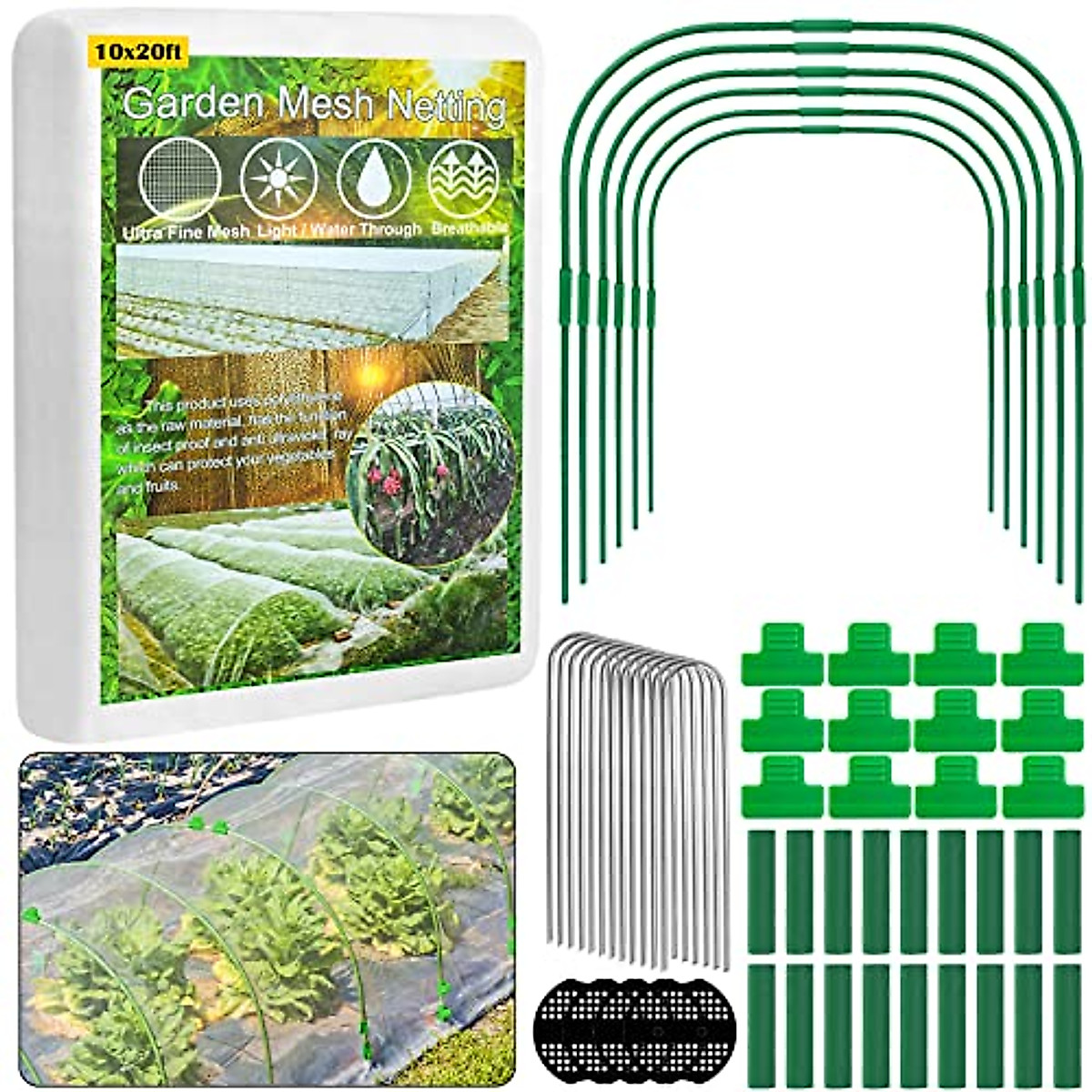 Unves 67 Pcs Garden Netting Kit, 10x20Ft Ultra Garden Mesh Mosquito Netting with 6 Garden Hoops& 12 Clips, Bird Fruit Tree Netting for Raised Beds Vegetable Flowers Protection Barrier Plant Covers Net
