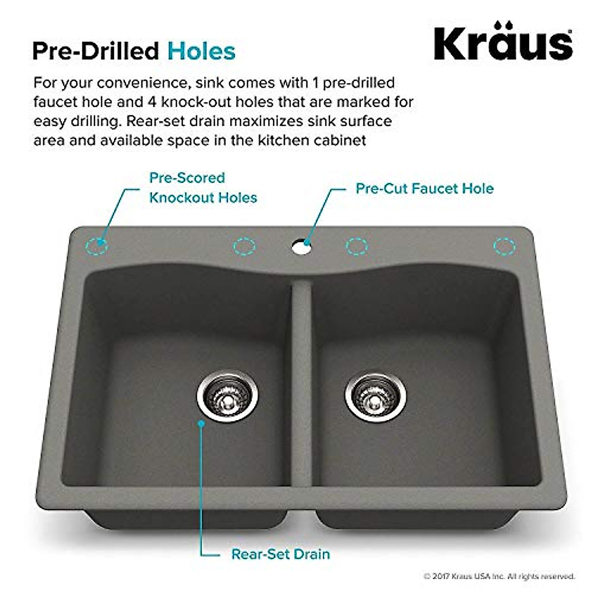 Kraus Forteza 33" Drop-In/Undermount Granite 50/50 Double Bowl Kitchen Sink - Grey (KGD-52GREY) , Gray