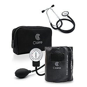 Clairre Professional Sphygmomanometer Manual Blood Pressure Cuff and Stethoscope Kit for Nurses/Doctors/Nursing Students, Carrying Case Included, Universal Cuff Size: 9-16 inch (Black)