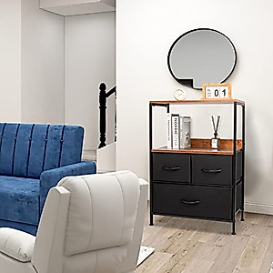 CONNOO Nightstand, Bedside Table with 3 Fabric Drawer, Storage Shelf, 2 Wooden Top, Night Stands Dresser for Bedroom, Hallway, Hotel, Closet, Nursery, Living Room, Office, Industrial Rustic Black