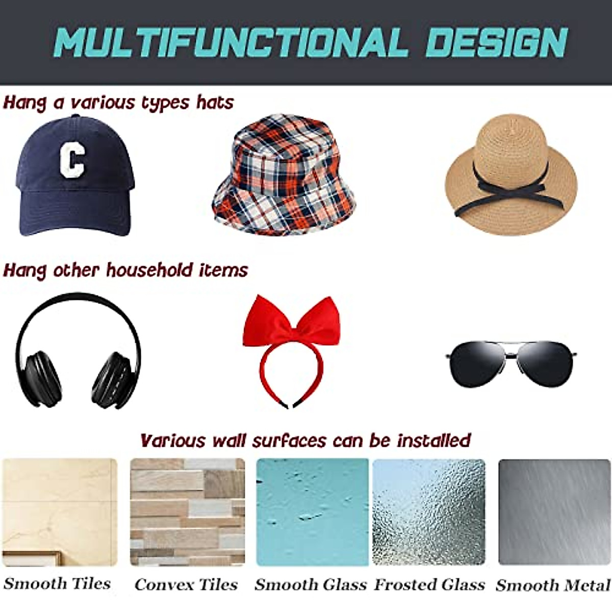 16 Pack Adhesive Hat Rack for Baseball Caps, Hat Hooks for Wall, Minimalist Hat Organizer No Drilling Hat Holder for Bedroom, Door, Office, Closet (White)