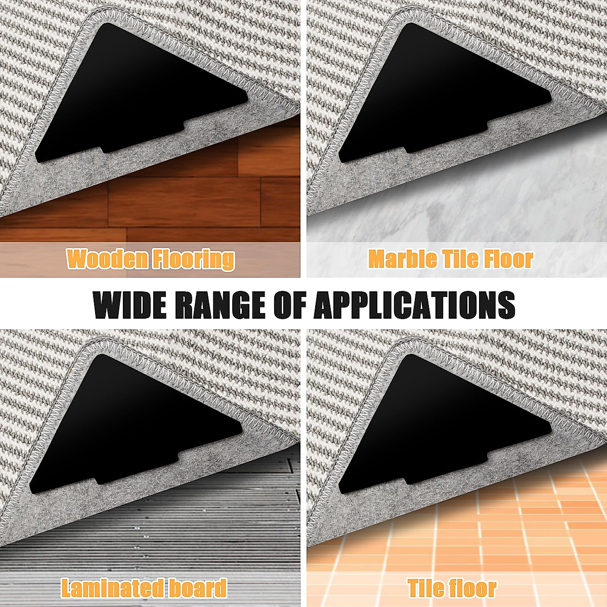 Rug Tape , 10 Pcs Double Sided Non Slip Reusable Rug Stopper, Washable Rug Tape for Hardwood Floors, Tile Floors, Carpets, Floor Mats, Wall (Black)