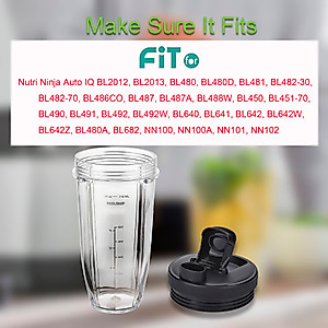 [Upgraded] Replacement 24oz Nutri Ninja Blender Cup with Sip & Seal Lid For BL450 BL454 BL456 BL480 BL482 BL640 BL642 BL682 BN751 BN801 Foodi SS101 SS351 SS401 Ninja Blender Auto IQ Blade, 2 Pack