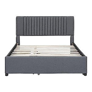 WADRI Queen Size Upholstered Platform Bed with 2 Drawers and 1 Twin XL Trundle, Linen Upholstered Platform Bed Frame with Wood Slats Support for Kids Teens Adult Bedroom (Gray + Linen 034)