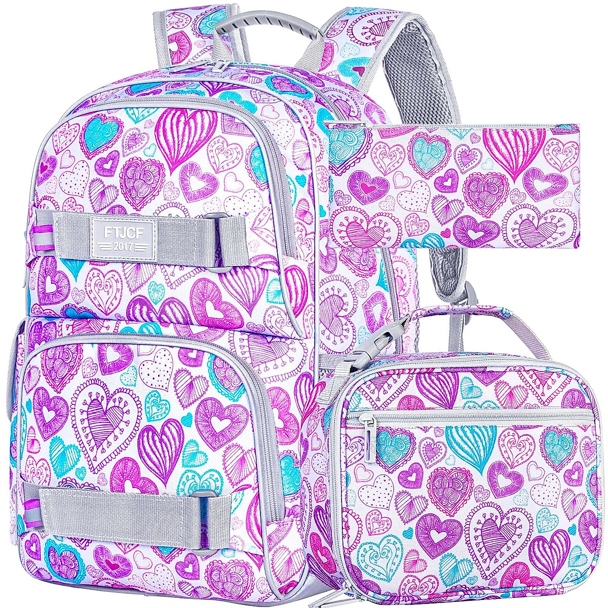 FTJCF Laptop Backpack, 16 Inch School Bag College Bookbag, Anti Theft Daypack Bags and Lunch Bag Set, Water Resistant Love Backpacks for Teens Girls Women Students (PinkGrey)