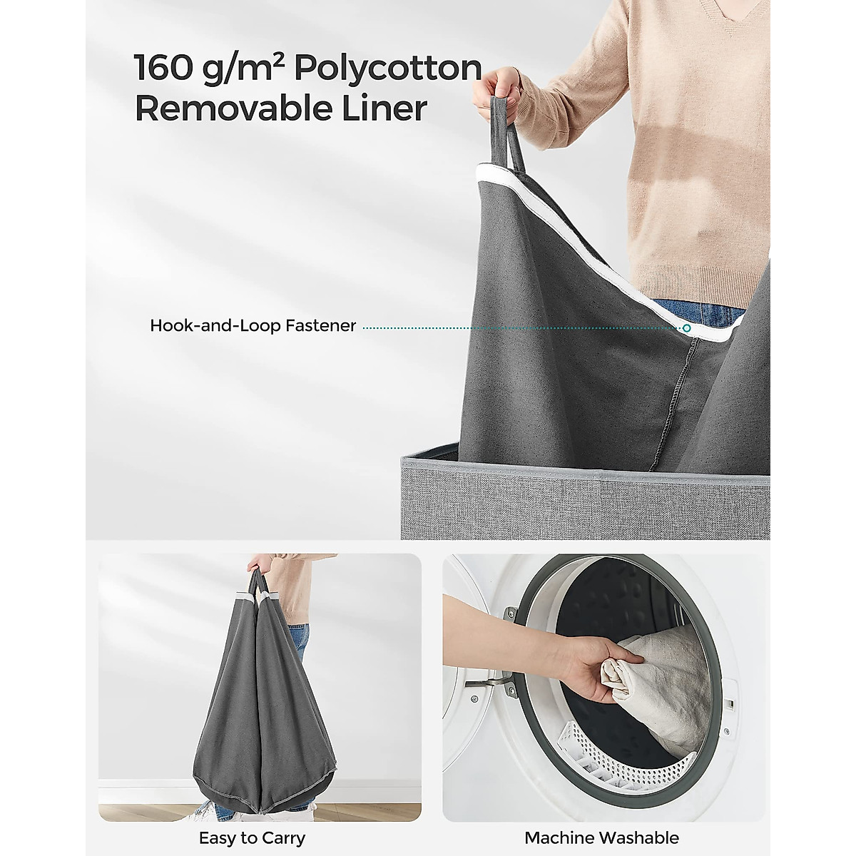 SONGMICS Sturdy Double Laundry Hamper with Lid, Removable Fabric Bag, 142L Large Clothes Hamper 2 Section, Laundry Basket with Handles for Closet, Laundry Room, Bedroom, Bathroom, Gray ULCB02G