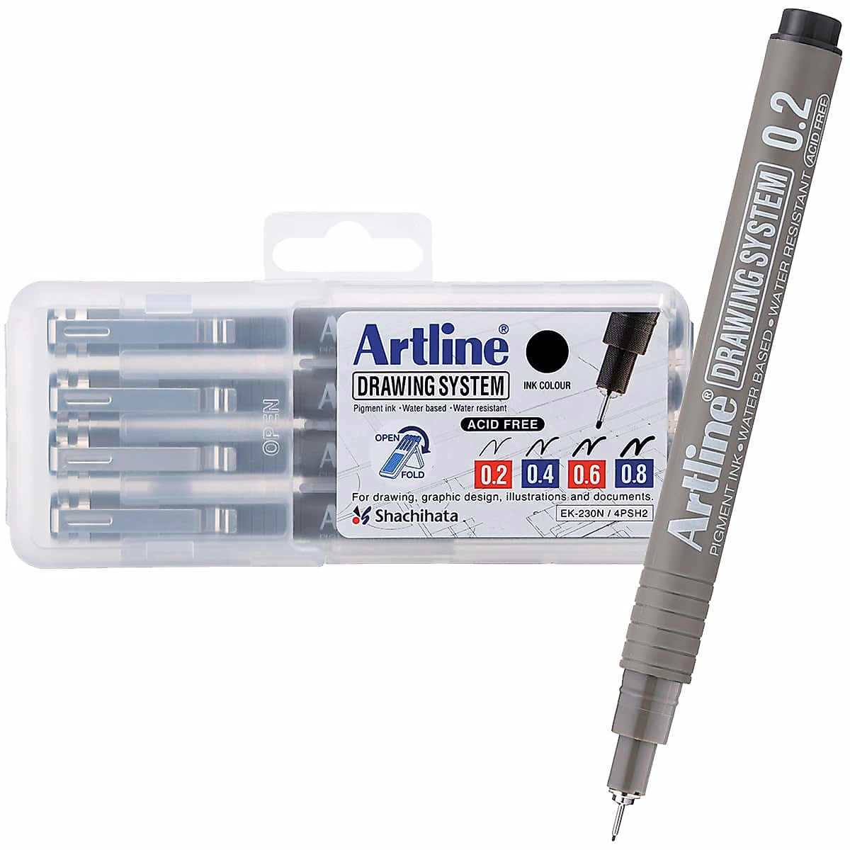 Artline 230 Drawing System Pens, Technical Drawing Pens For Drafting, Illustrating, and More, 0.2mm, 0.4mm, 0.6mm, and 0.8mm Fine Tips - Black, 4-Pack