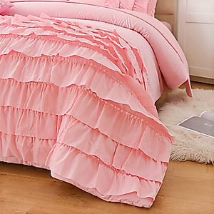 A Nice Night Waterfall Flutter Ruffle Comforter Set,Ruffled Textured Soft Chic Princess 6pcs Bedding Set,with Bling Shiny Sequin Throw Pillow Case,Pink,Twin
