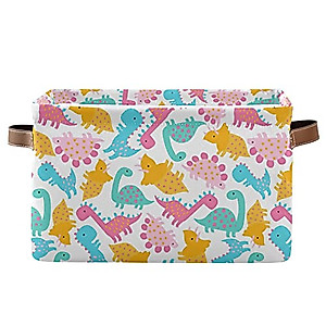 Kigai Dinosaur Storage Basket Collapsible Rectangle Storage Bin Shelves Basket Organizer with Leather Handle for Closet, Office, Nursery, Home Decor