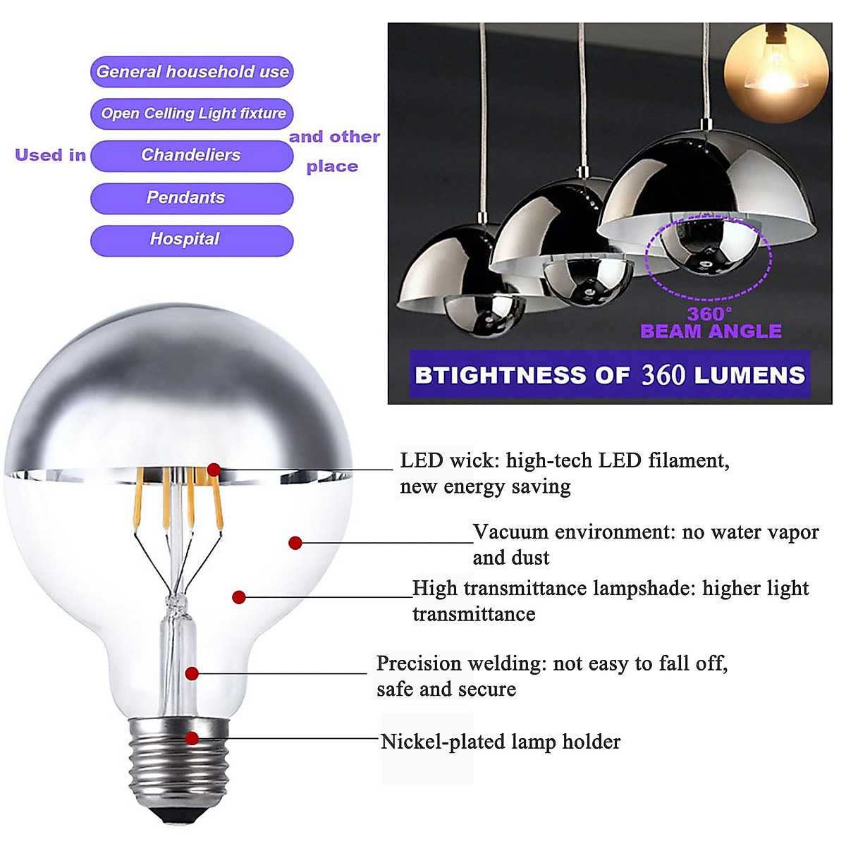 4-Pack 4 Watt Half Chrome Light Bulbs Dimmable G25(G80), E26 Natural White 4000K 40W Equivalent 360lm Edison LED and Christmas Decorative Bulbs with Silver Mirror for Indoor Living Room, AC 120V