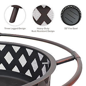 Sunnydaze Crossweave Outdoor Fire Pit - Wood-Burning Fire Pit for Outside with Spark Screen, Poker and Round Cover - 30-Inch - Bronze