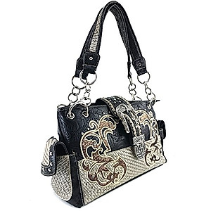 Justin West Gleaming Western Tooled Rhinestone Buckle Floral Embroidery Chain Shoulder Handbag Purse Concealed Carry (Black handbag and wallet)