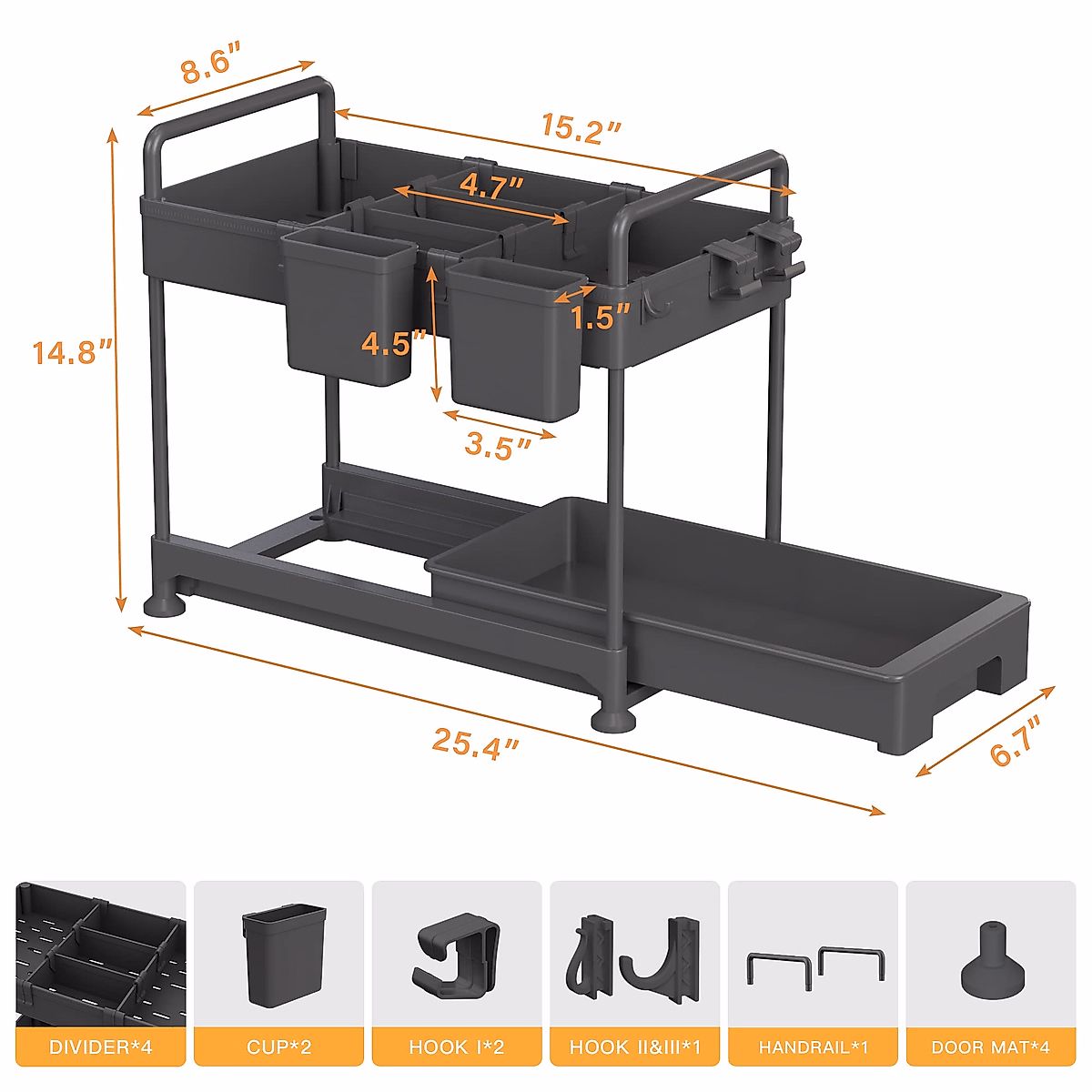 BAYANKHAR Under Sink Organizers and Storage, Multi-purpose Bathroom Organizer Under Sink, 2 Tier Under Kitchen Sink Organizer Sliding Cabinet organizer Basket with Hooks,Hanging Cup,Black,2 Pack