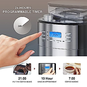 skyehomo 12 Cup Drip Coffee Maker with Built-In Burr Coffee Grinder, Programmable Coffee Machine with Timer, Glass Carafe, Reusable Filter, Warming Plate for Home and Office. 1.5L Water Tank