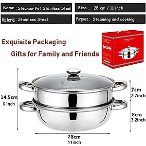 Stainless Steel Stack and Steam Pot Set - and Lid,Steamer Saucepot double boiler-2 Tier Steamer Pot Steaming Cookware -Steamer Pot Glass Lid Food Veg Cooker Pot Cooking Pan For Kitcken Cooking Tool