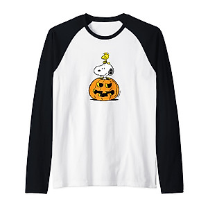 Peanuts - Halloween - Snoopy Woodstock Pumpkin Raglan Baseball Tee