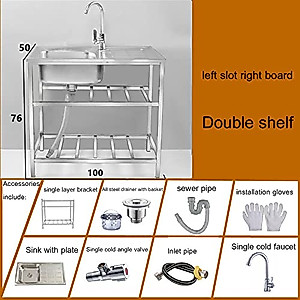Commercial restaurant sink, stainless steel outdoor sink, freestanding utility sink with faucet and double shelf for bar, restaurant, kitchen, hotel, home, workshop, sink (Size : 75 * 40cm/30 * 16in)
