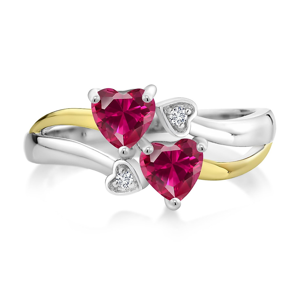 Gem Stone King 925 Silver and 10K Yellow Gold Red Created Ruby and White Lab Grown Diamond Ring For Women (1.22 Cttw, July Birthstone, Heart Shape 5MM, Size 8)